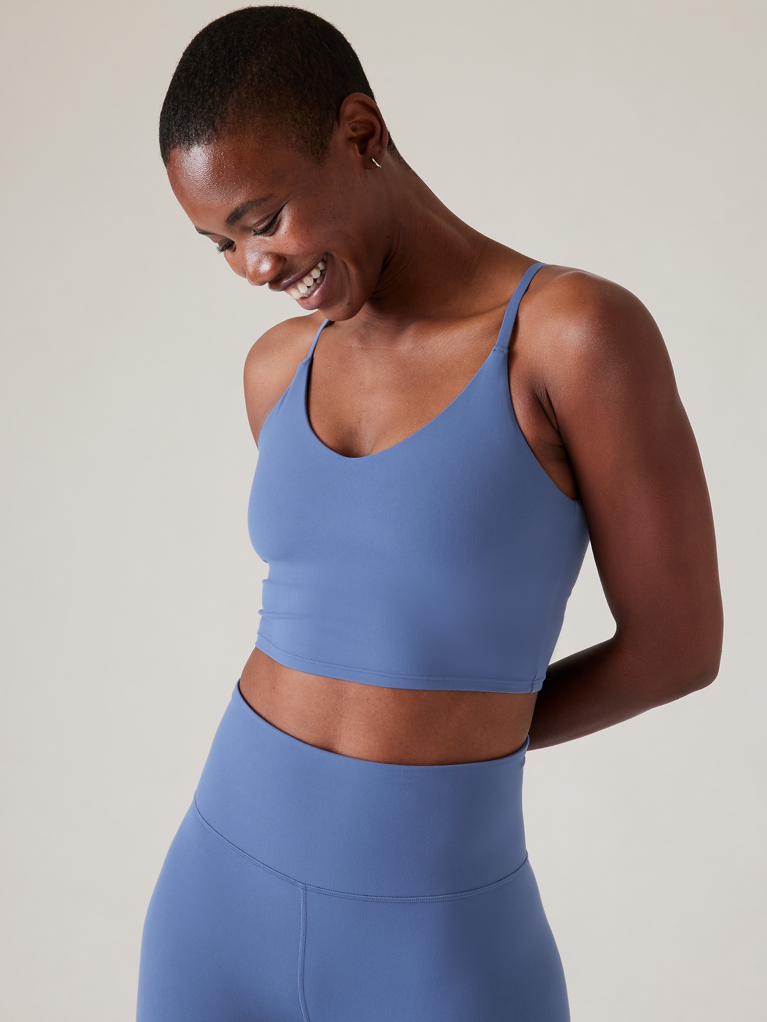 Athleta Elation V-Neck Longline Bra A-C In Chrome Blue - 17% Off